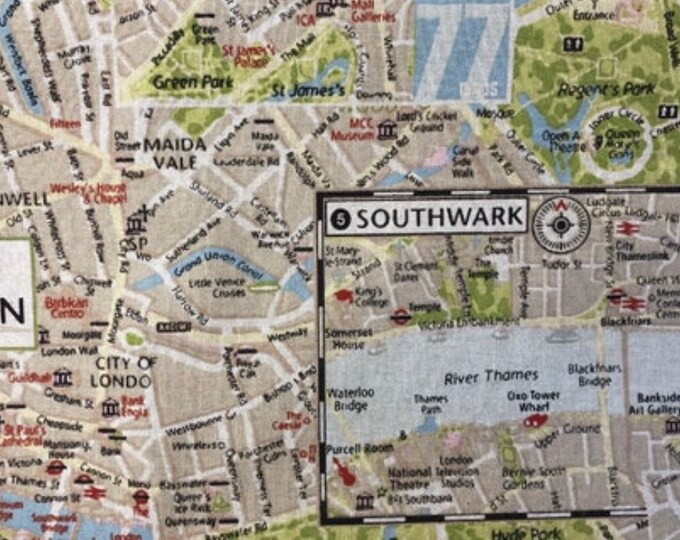 London Map Fabric, Cotton Fabric, Linen Look, for Upholstery and Craft ...
