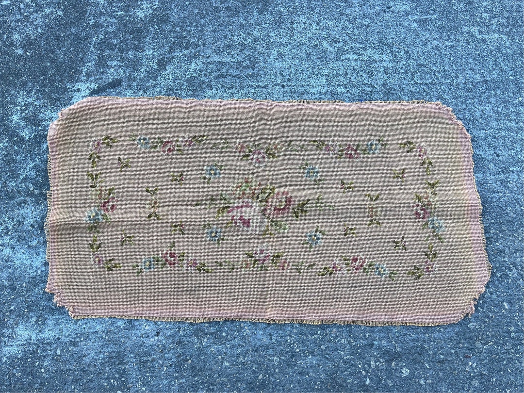 Antique Wool Needlepoint Embroidery Floral Large Textile Folk Art Rose ...