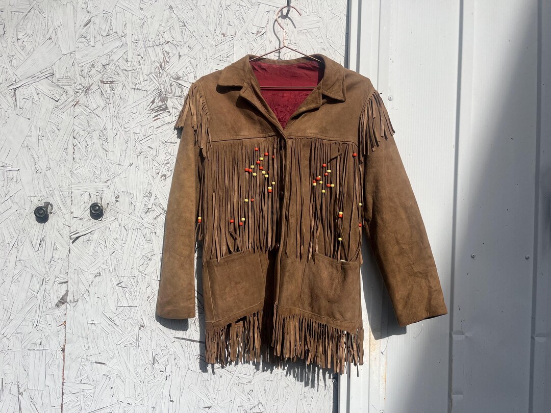 1950s Leather Jacket Brushed Suede Fringe Xs S Brown Tan Camel Appalachian Coat Tassels 32 34 36 ...