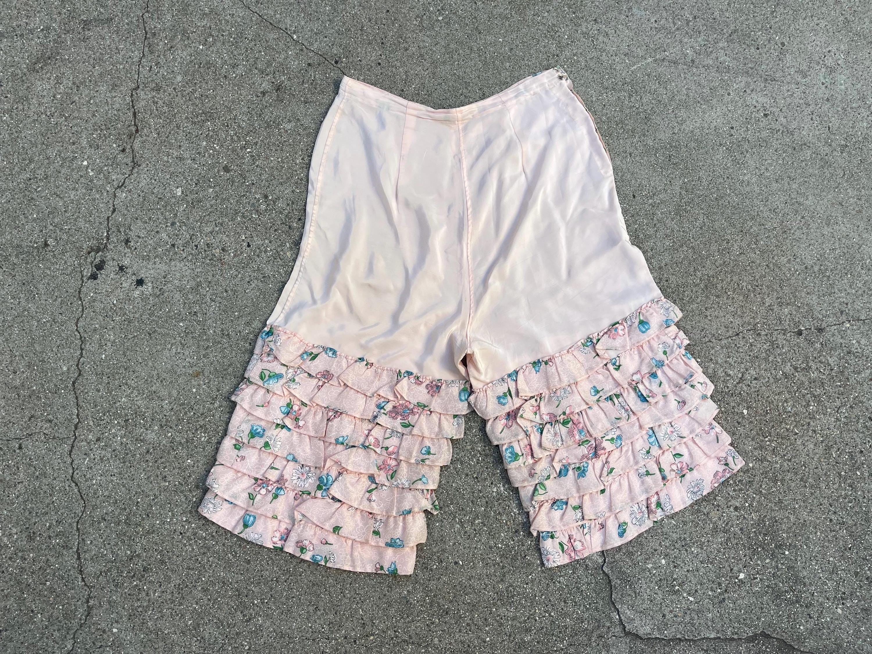 Antique Bloomers Cold Rayon Long Pink Small Medium S M Ruffle 30s 1930s ...