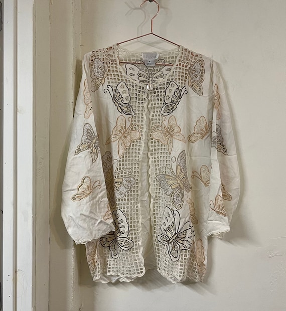 Rayon embroidered jacket crochet butterfly creme beig… - Gem