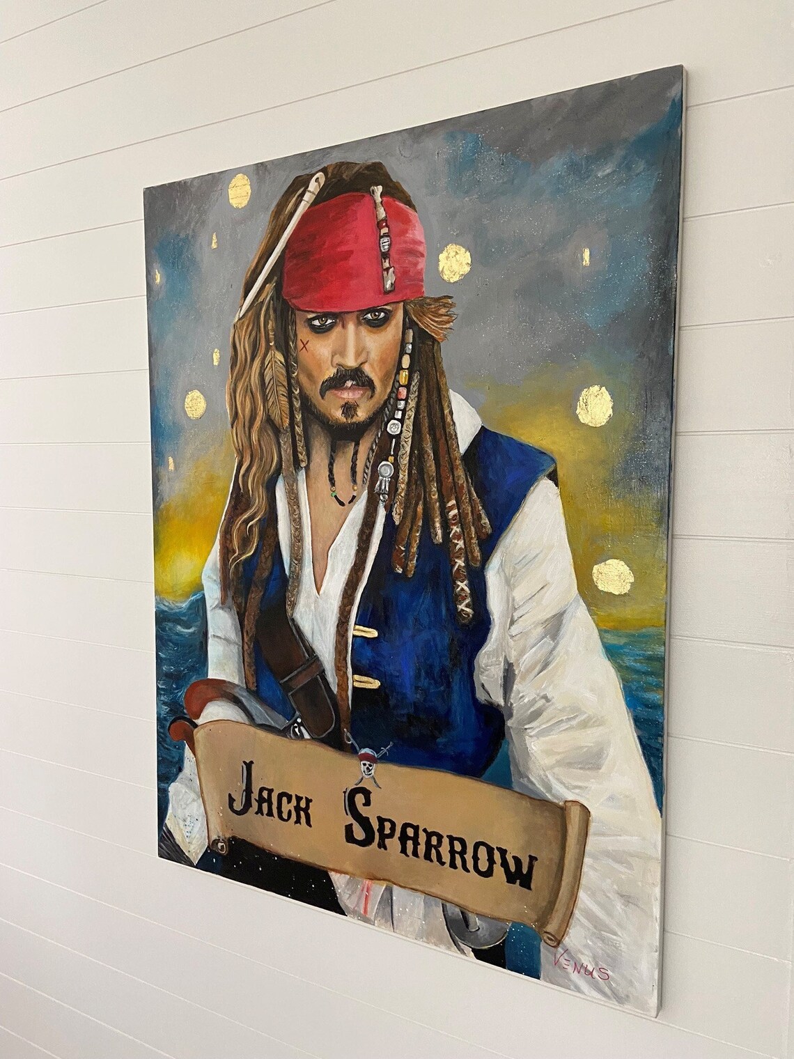 Jack Sparrow Portrait Painting: Large Acrylic Canvas Art With Gold Leaf ...