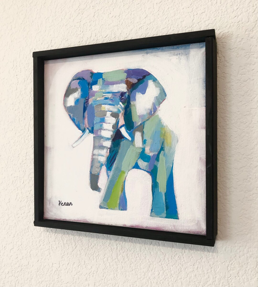 Original Colorful Elephant Painting: Cubist Animal Portrait, Framed ...