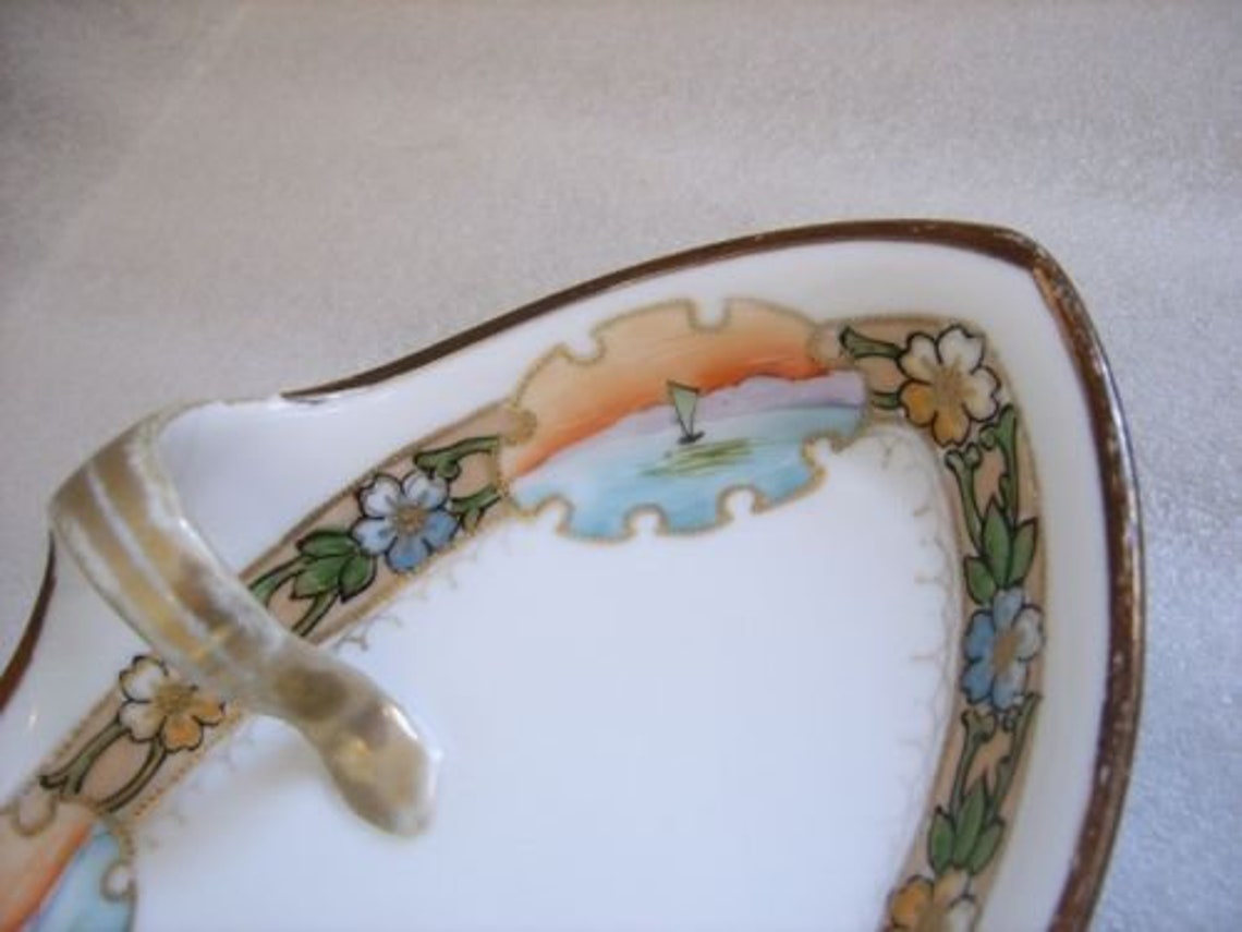 ANTIQUE NIPPON Signed Nappy With Hand Painted Sail Boat VIGNETTES and ...