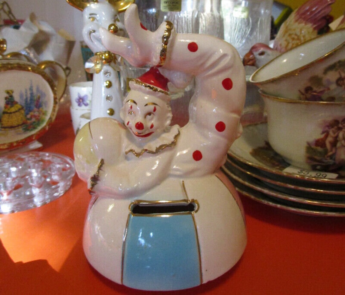 Vtg Art Deco Roly Poly Clown Circus Ball Bank Ceramic Signed JAPAN No ...