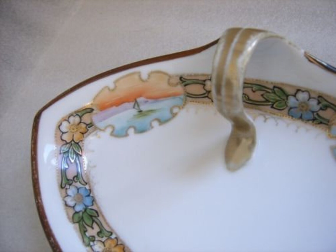 ANTIQUE NIPPON Signed Nappy With Hand Painted Sail Boat VIGNETTES and ...