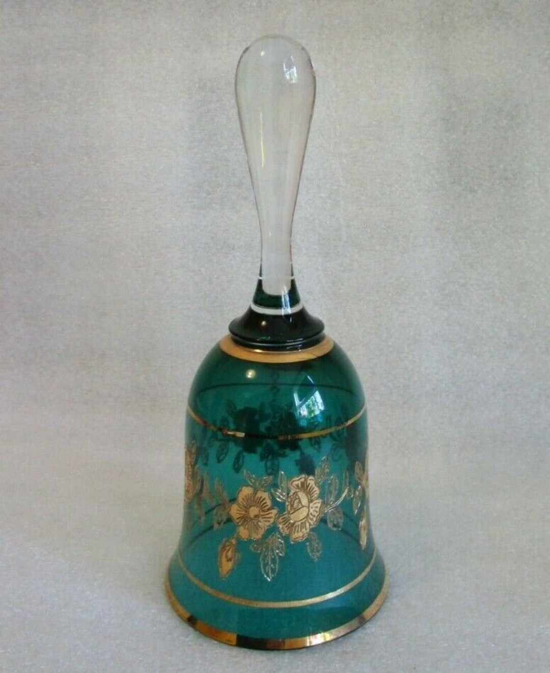 Vintage Clear W Emerald Green Crystal DINNER BELL W Etched & Gold Gilt ...