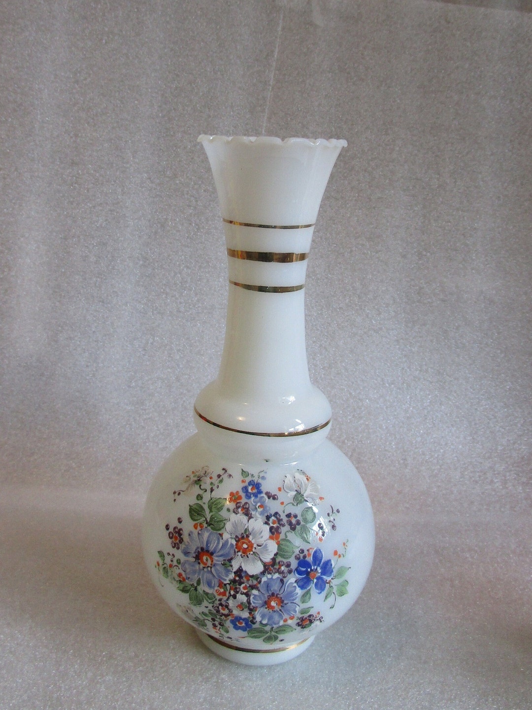 MCM Italian Venetian Milk GLASS Posy Vase W Enamel Floral Bouquet W ...