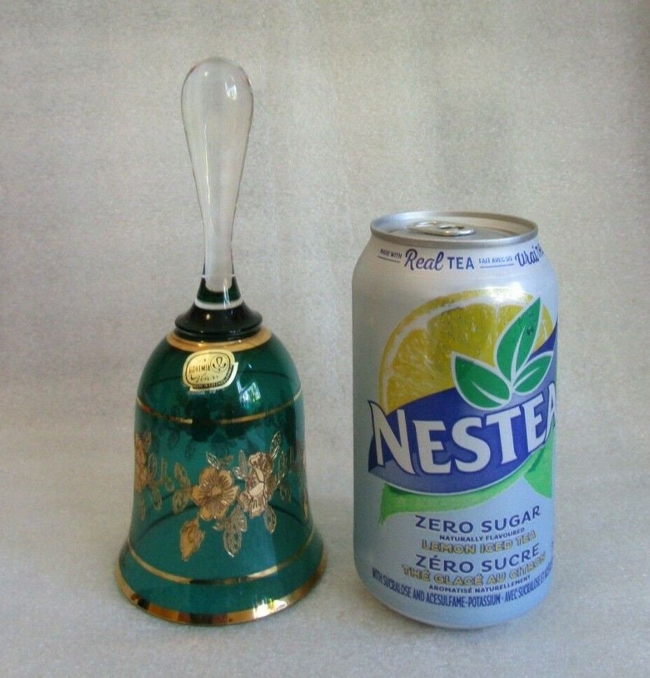 Vintage Clear W Emerald Green Crystal DINNER BELL W Etched & Gold Gilt ...