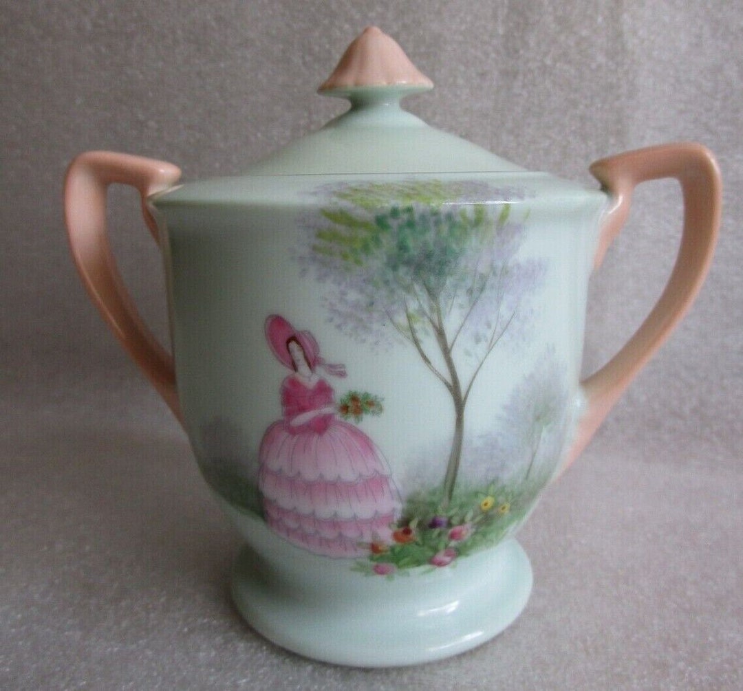 Art Deco Lady Hand PAINTED Pink Bonnet Crinoline NORITAKE Covered Sugar ...