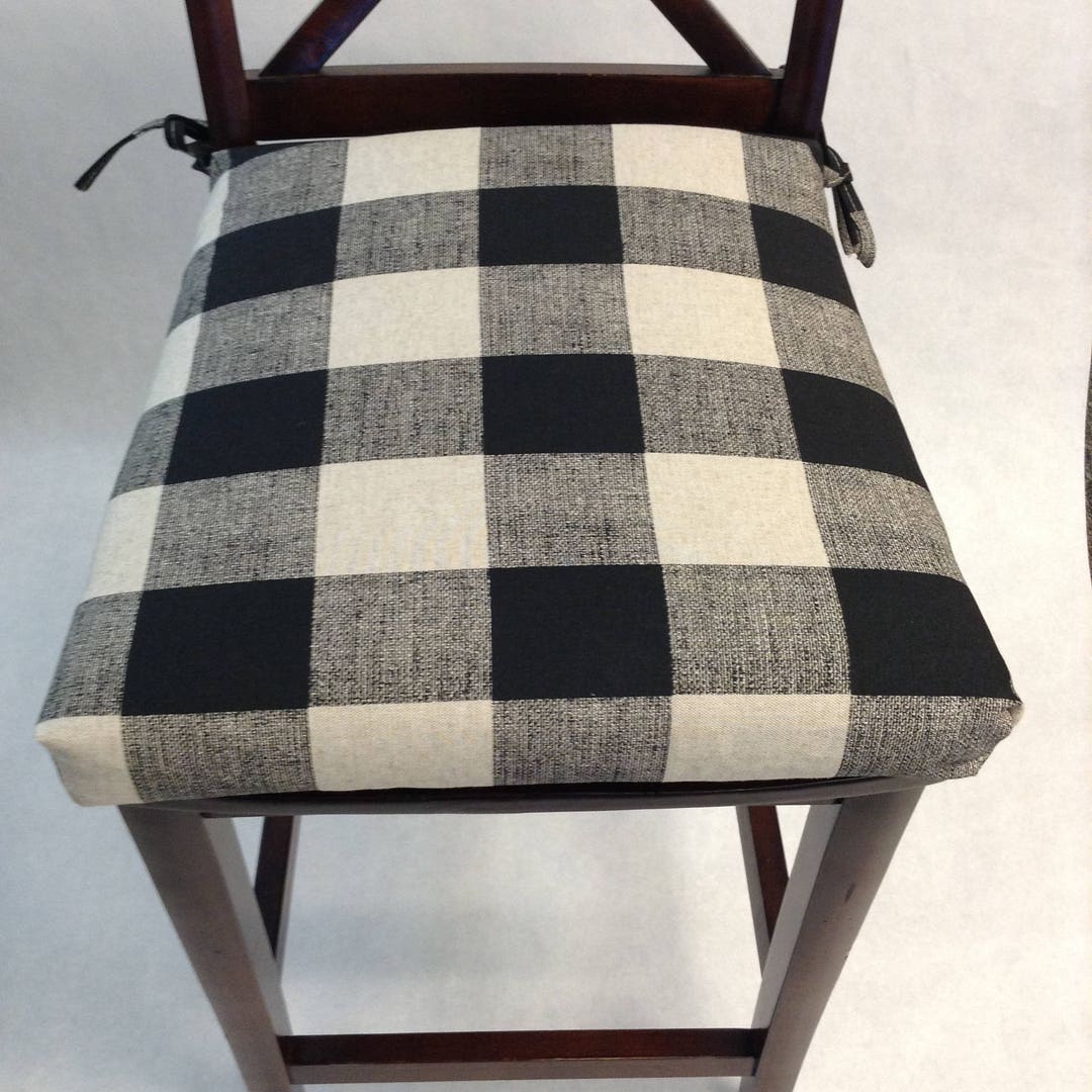 Plaid Chair Cushion: Black and Beige Linen Fabric, Rustic Chair Pad ...