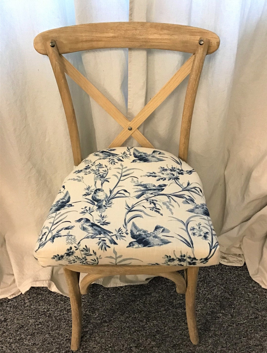 Farmhouse Chair Cushion: Ivory Linen With Sparrows, Rounded Back, 18 ...