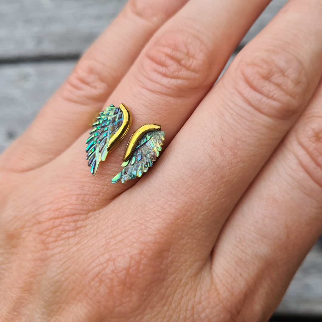 Angel Wings Ring, Mini Wing Ring, Abalone, Pink & Golden Pearl With ...