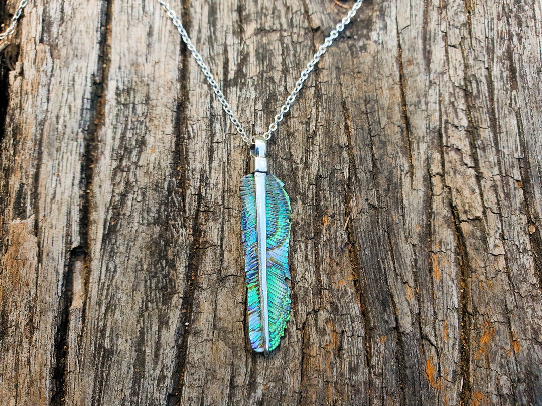 Abalone Shell Feather Pendant, Boho Feather Necklace, Paua Shell ...