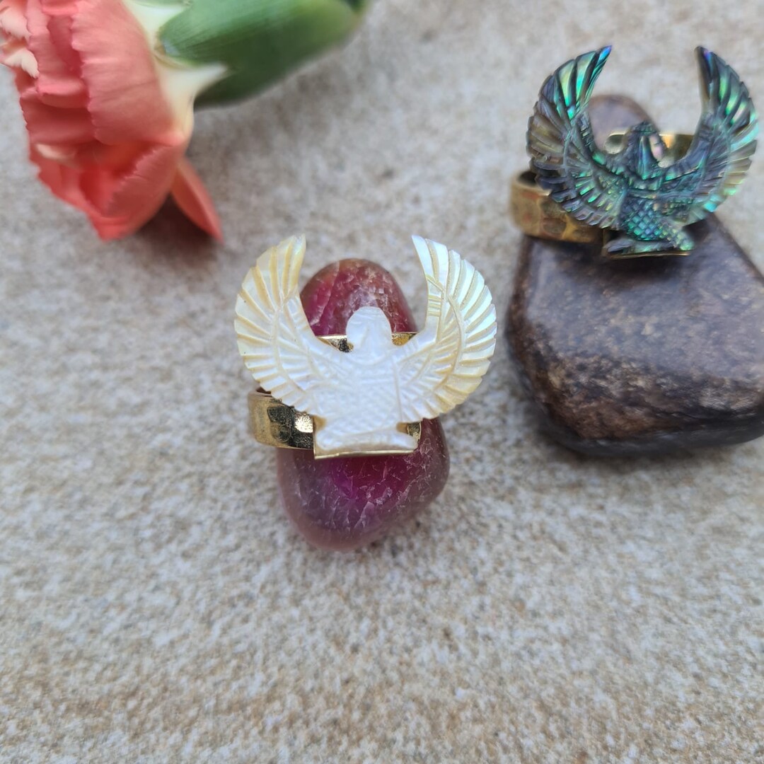 Shell Isis Wings Ring, Mini Wing Ring, Abalone, Pink & Golden Pearl With Brass, Boho Jewelry by ...