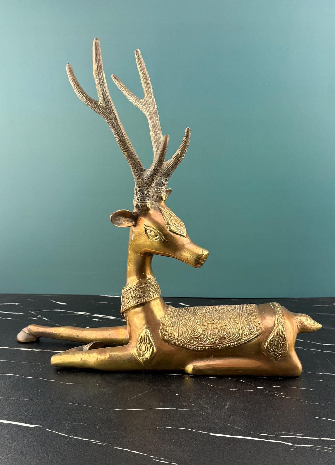 Vintage Brass Resting Deer Sculpture With Ornate Saddle | Decorative ...