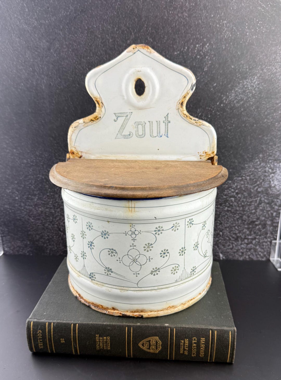 Antique Dutch Enamel Salt Box: "zout" Floral Canister With Wood Lid - Etsy