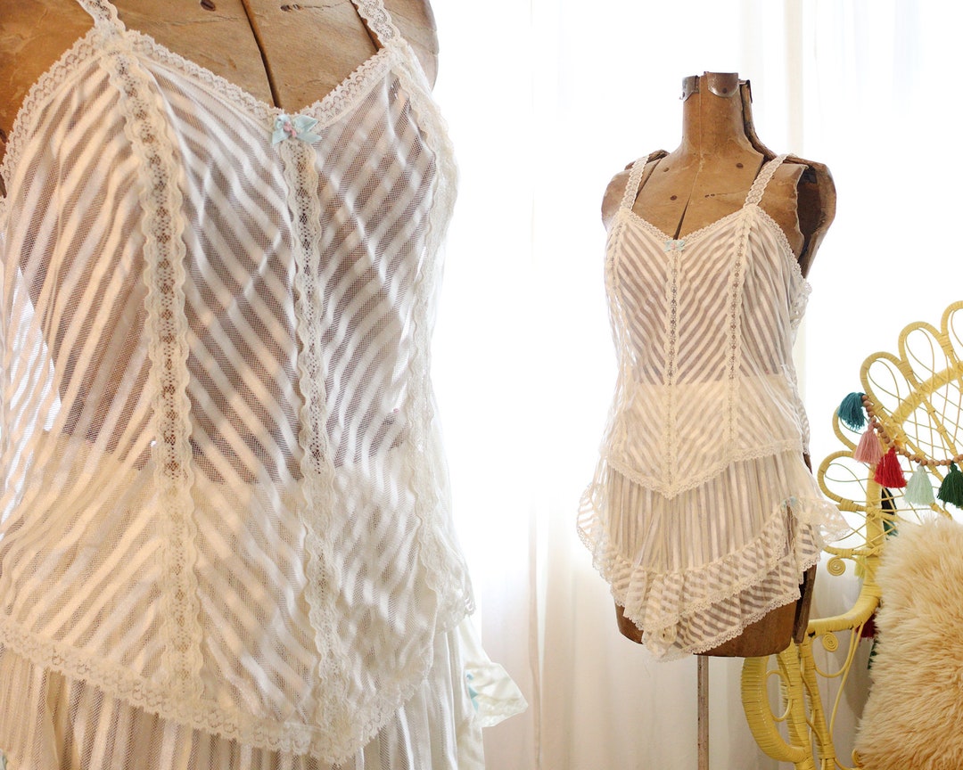 Vintage Sheer Mesh Stripe V Neck Camisole Tank and Ruffle Lace Tap Short Lingerie Set With ...