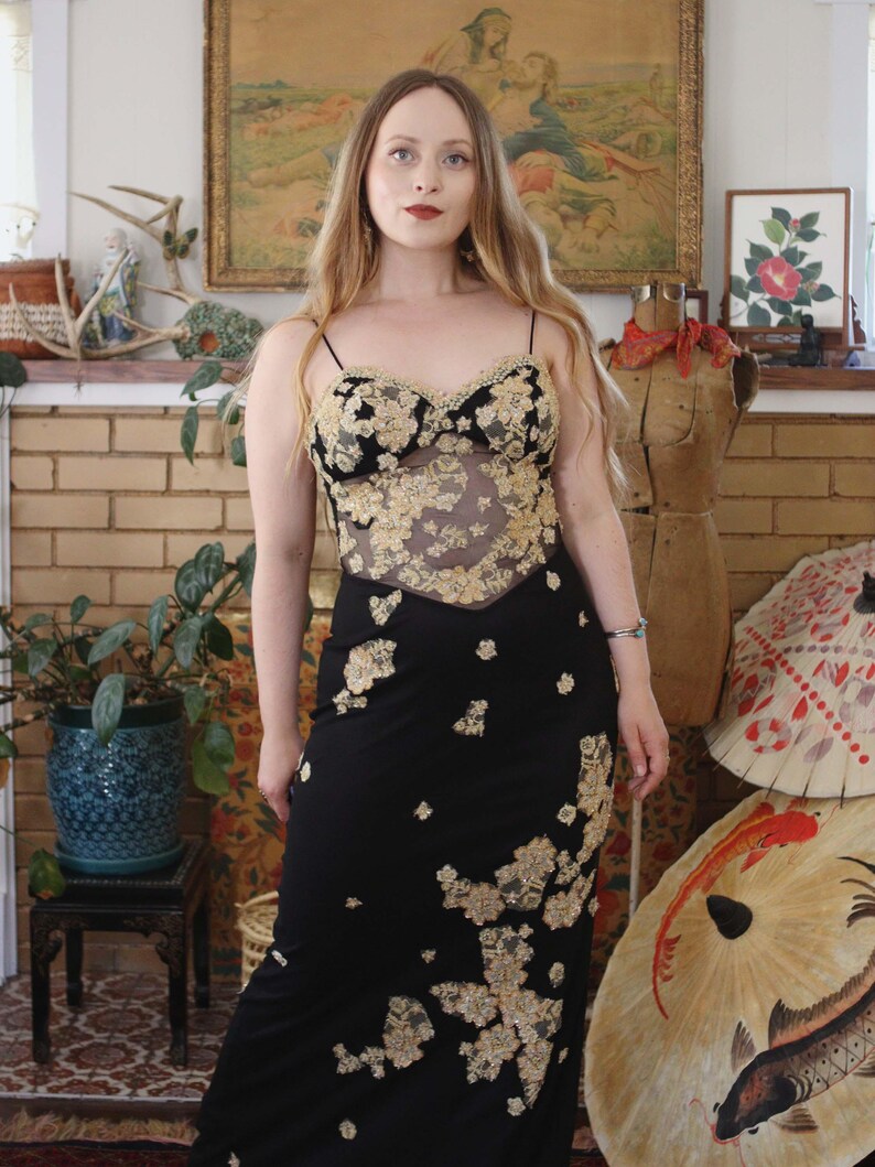 Vintage Y2K Cassandra Stone Dress Sheer Black Mesh Champagne Gold Lace ...