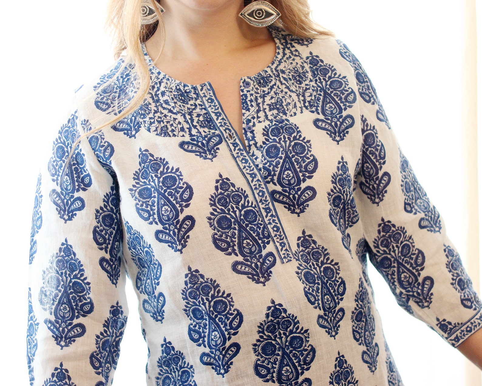 Anokhi White Textured Cotton Indigo Blue Hand Woodblock Block Printed ...