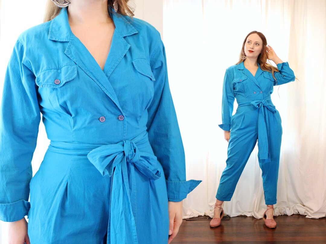 Vintage Turquoise Cyan Blue Collared Long Sleeve Jumpsuit With Waist ...