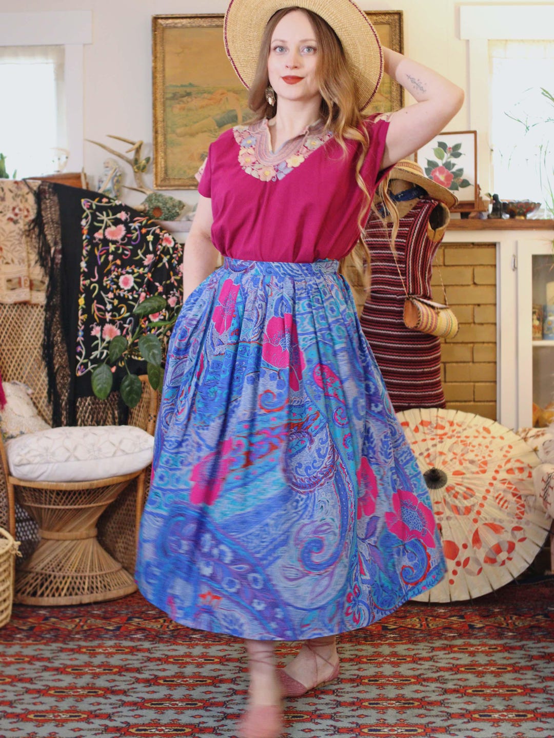 Vintage German Trachten Style High Waisted Pleated Waist Midi Skirt ...