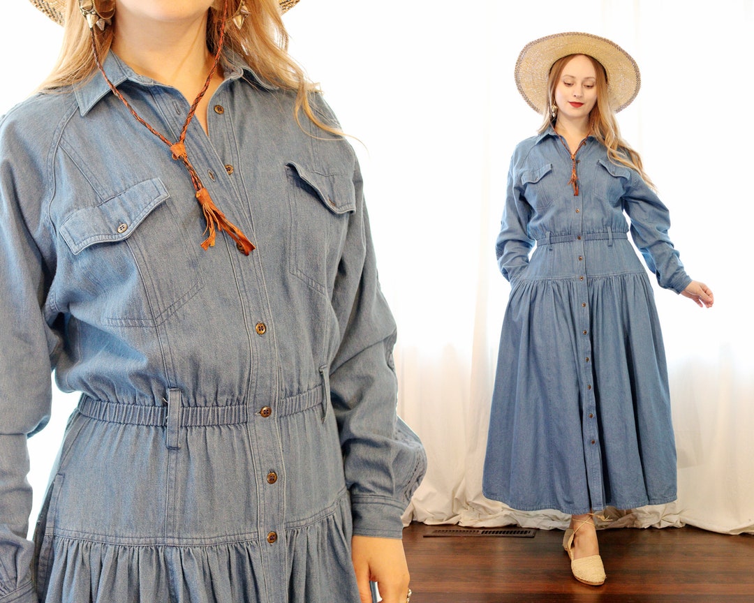 Vintage 1990s Light Blue Cotton Denim Western Button up Shirt Square ...