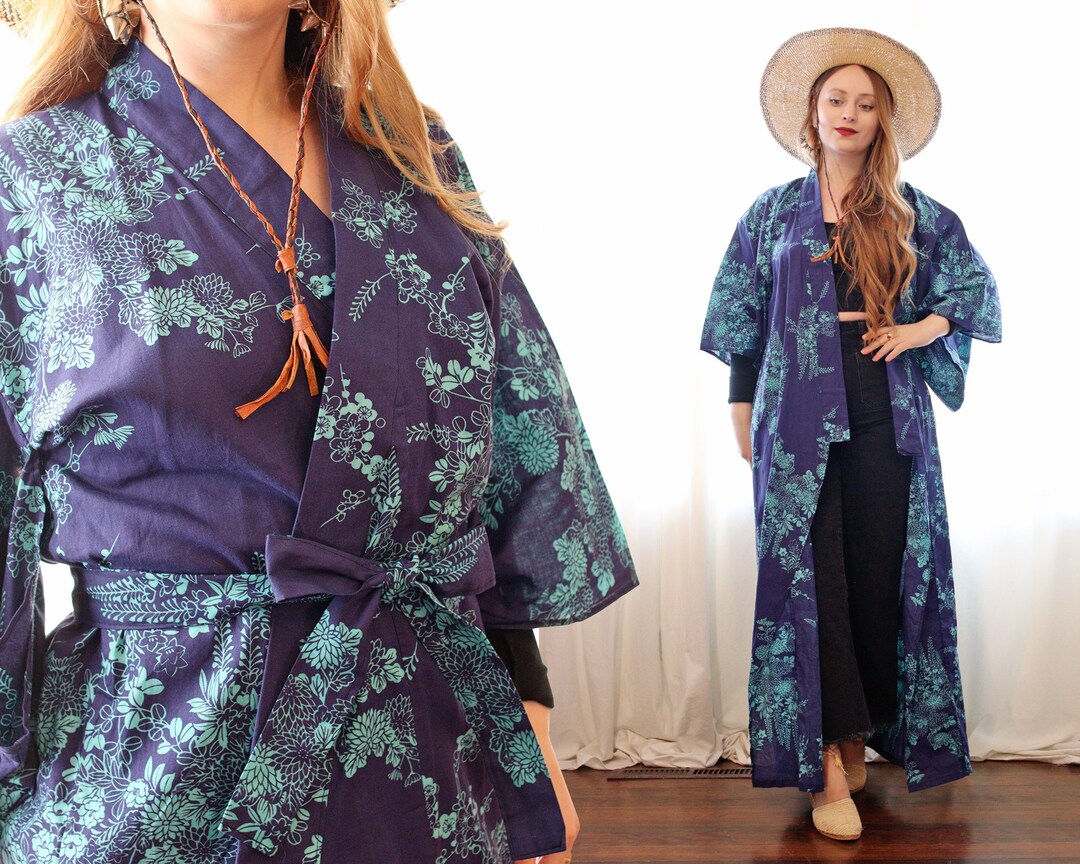 Vintage Navy Blue and Turquoise Floral Print Cotton Full Length Yukata ...