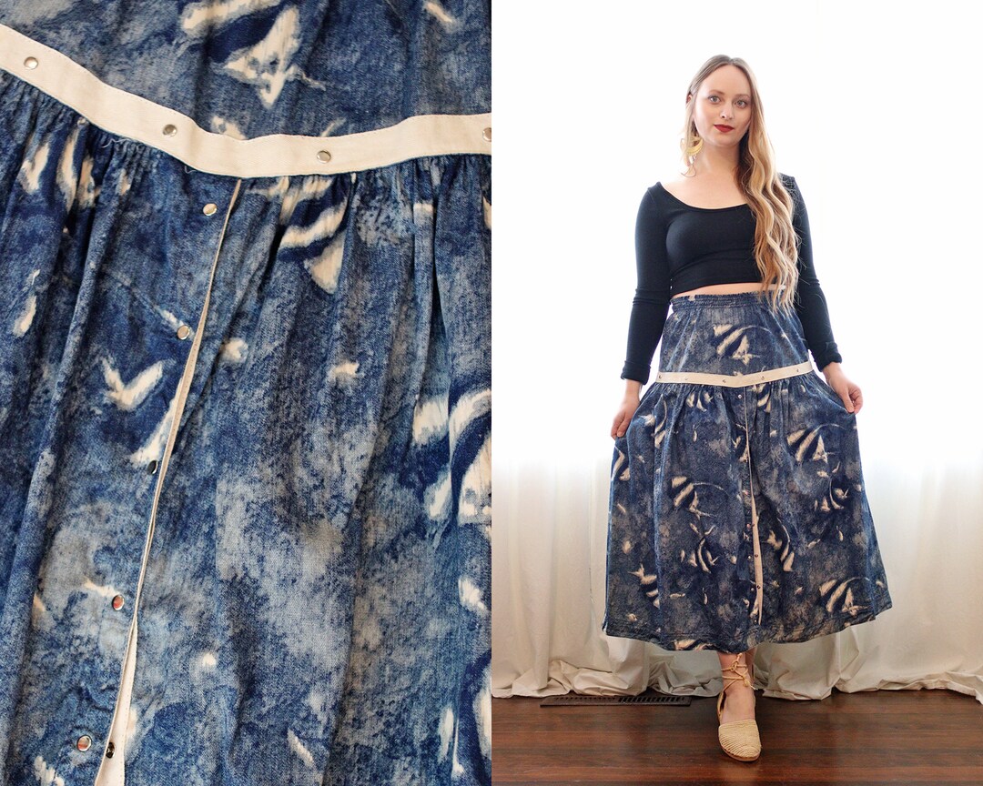 Vintage Gene Ewing BIS Light Denim Sunwashed Tie Dye Print Prairie Midi ...