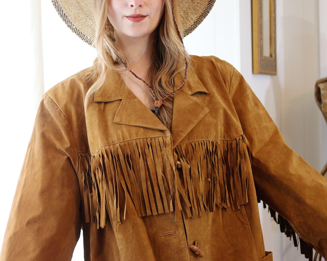 Vintage Suede Leather Western Rodeo Cowboy Fringe Y2K Jacket Toggle ...