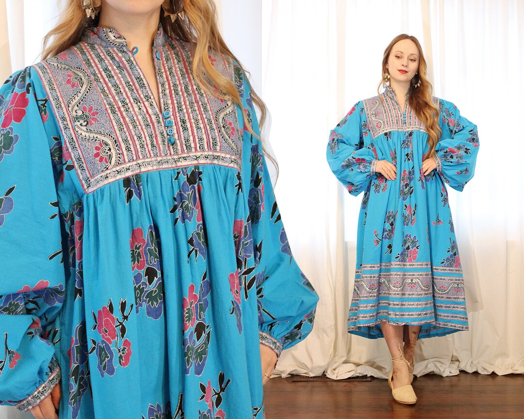 Vintage Indian Cotton Dramatic Poet Bishop Sleeve Turquoise Printed ...