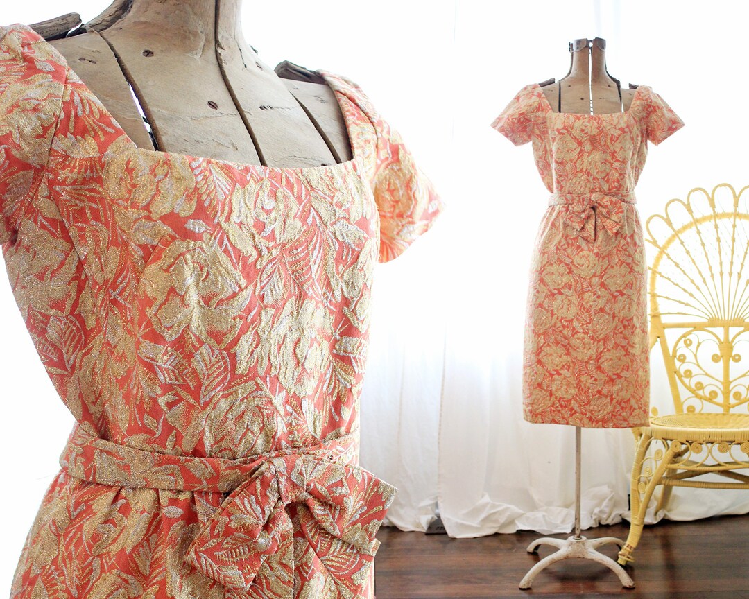 RARE Vintage Ceil Chapman Designer Coral Pink Metallic Gold Rose Print ...