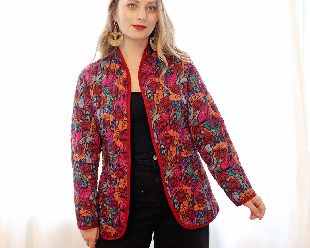 Vintage Quilted Silk Puffer Jacket in Vibrant Hot Pink Red Pop Art ...