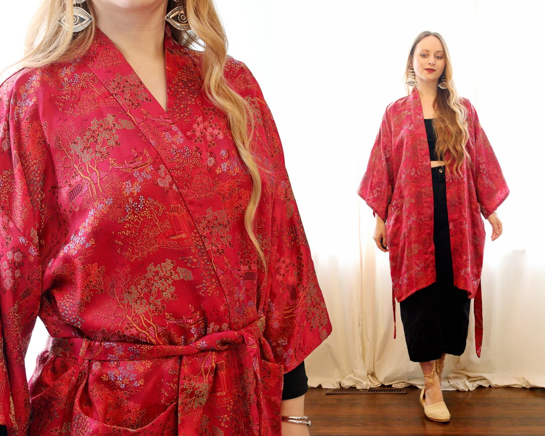 Vintage 1990s Asian Deep Red Satin Brocade Boudoir Kimono Robe With ...