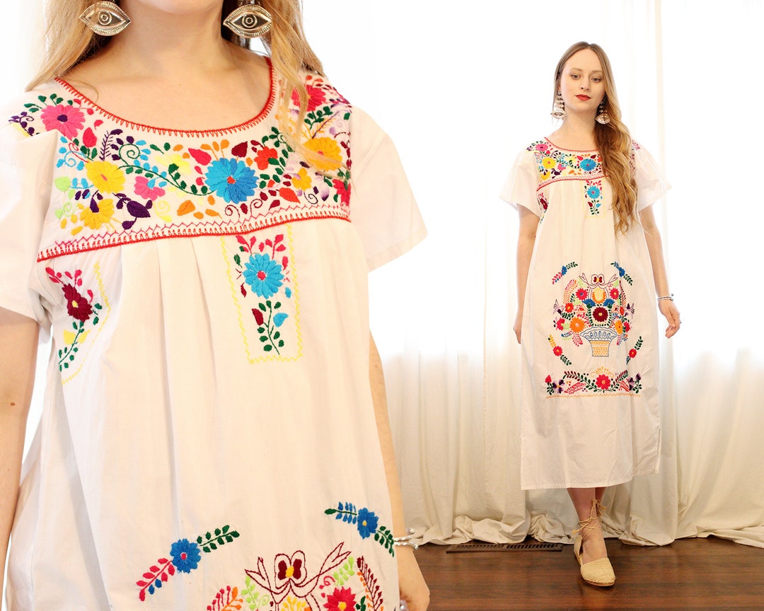 Vintage White Cotton Mexican Colorful Folk Embroidered Short Sleeve ...