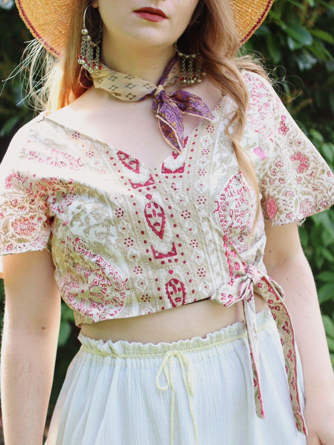 Vintage Indian Cotton Block Printed Tapestry Cropped Wrap Blouse Top ...