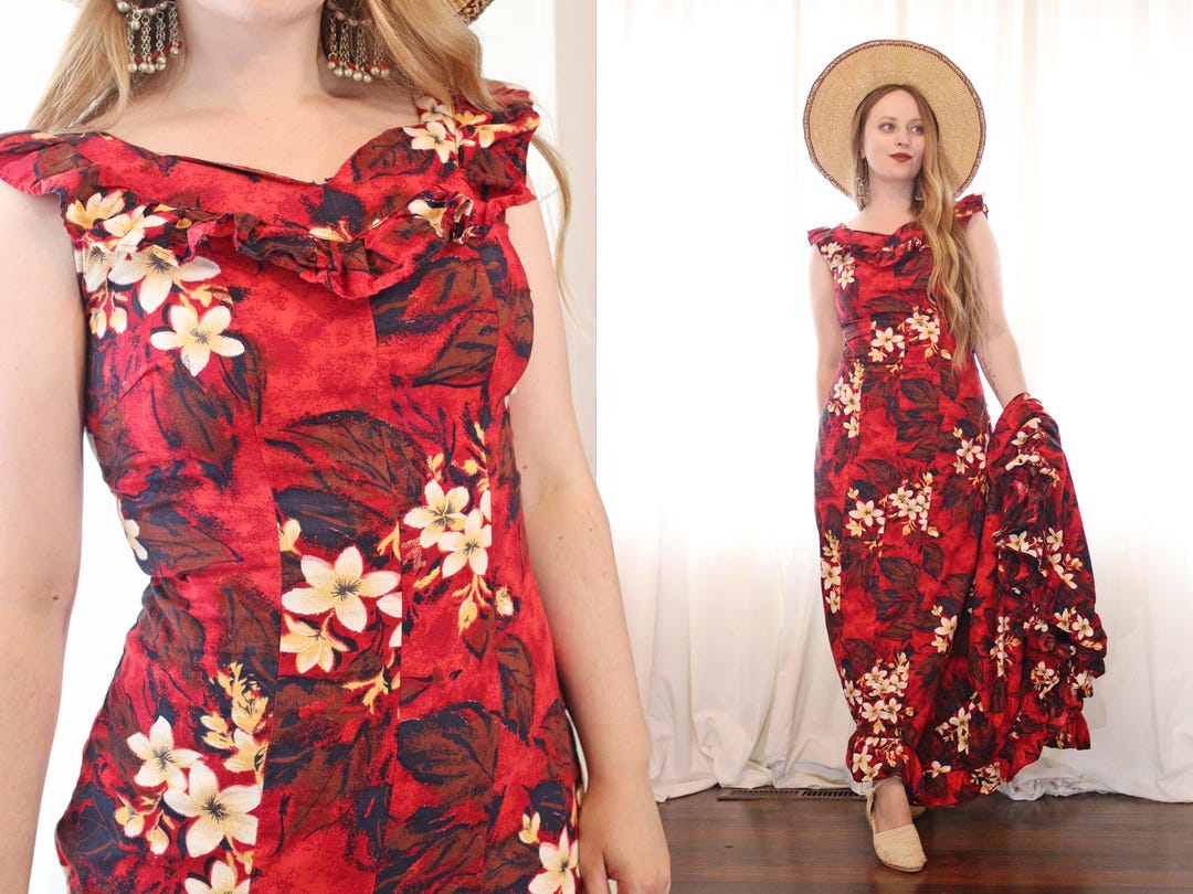 RARE Vintage 1950s Hawaiian Holoku Wedding Dress Red Tropical Floral ...