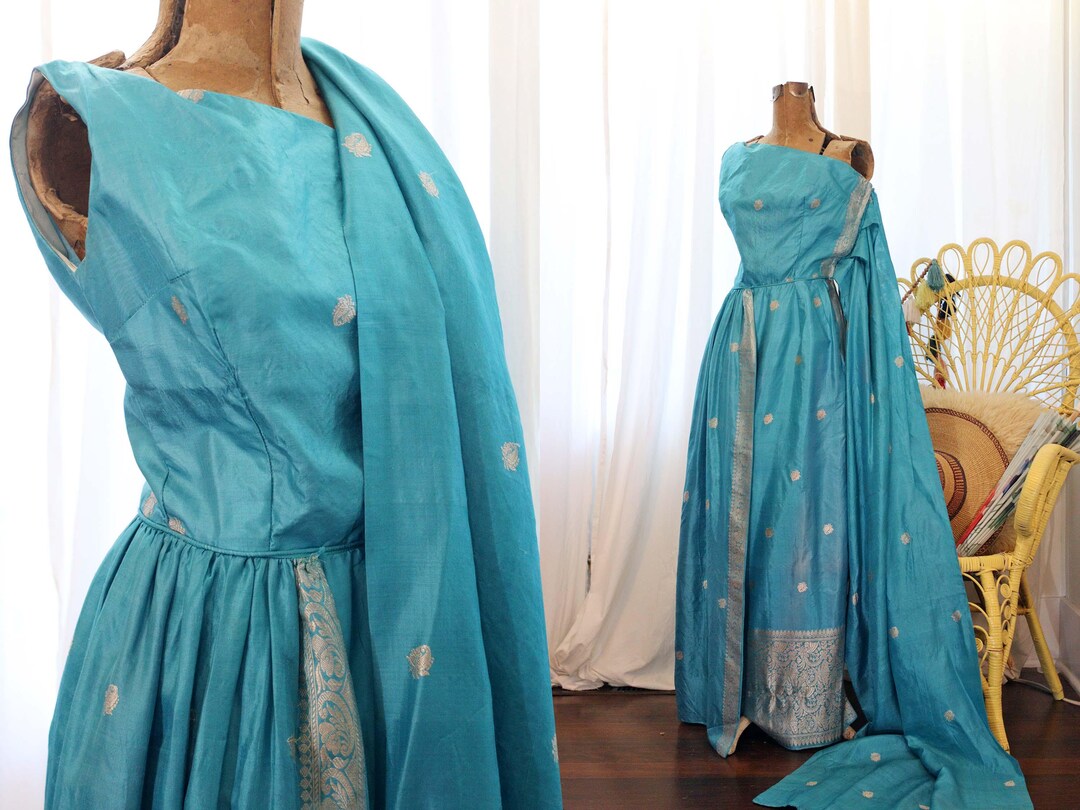 Vintage 1960s Indian Silk Sari Style One Shoulder Maxi Evening Gown ...