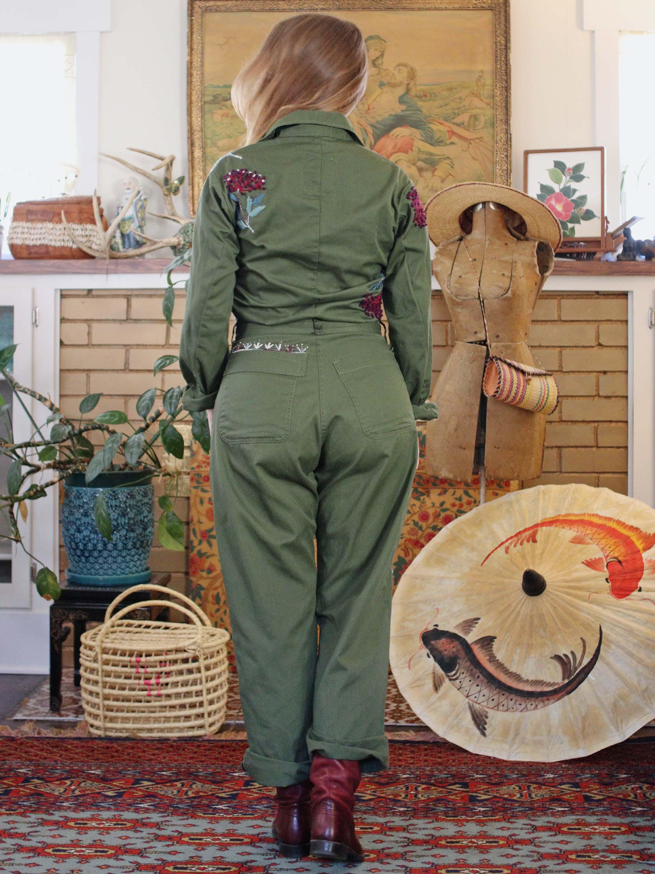 Hand Embroidered Vintage Olive Green Mechanics Coveralls Boilersuit ...