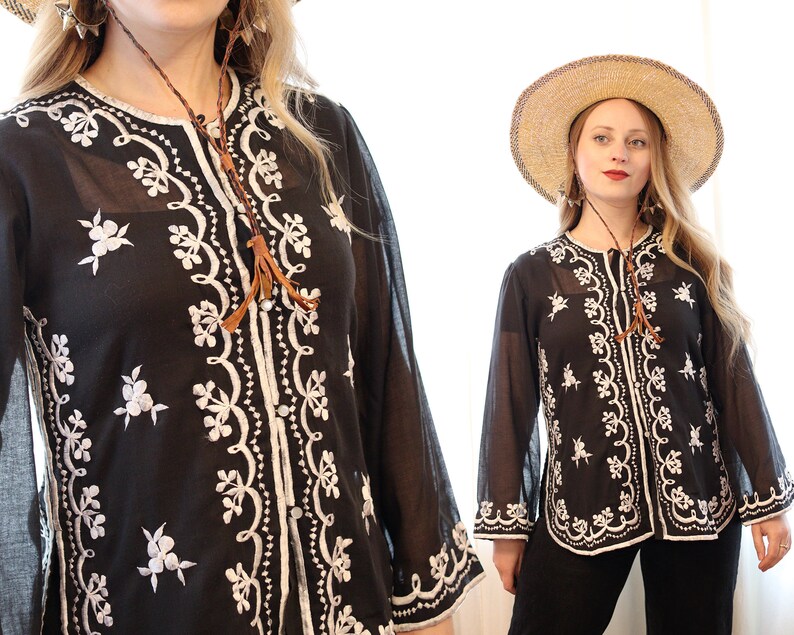 Vintage Black Thin Cotton Gauze Asian Button Front White - Etsy