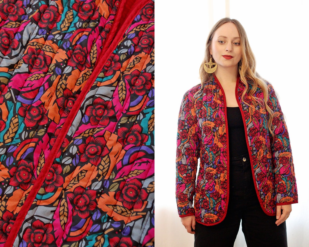 Vintage Quilted Silk Puffer Jacket in Vibrant Hot Pink Red Pop Art ...