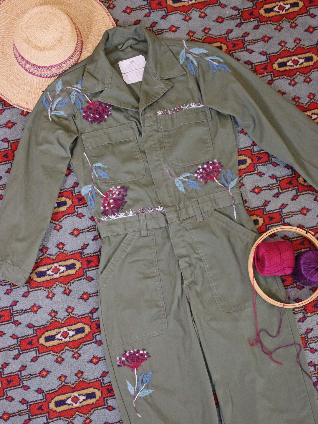 Hand Embroidered Vintage Olive Green Mechanics Coveralls Boilersuit ...