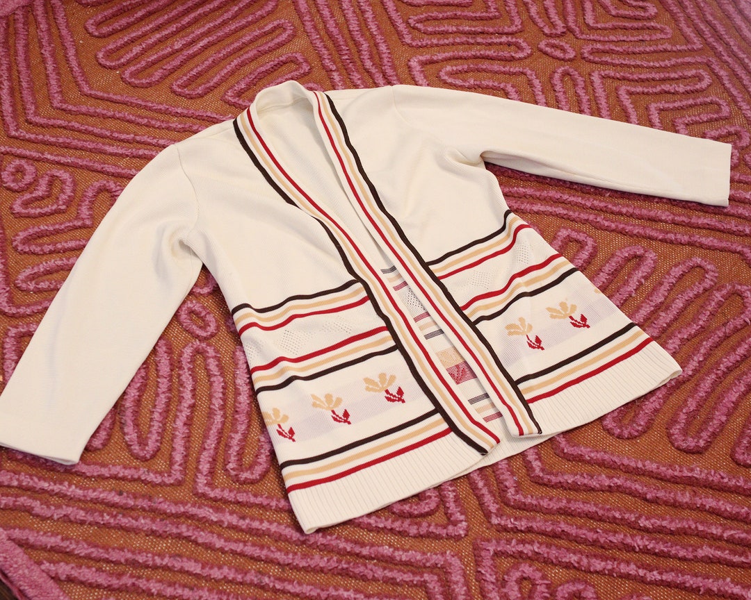 Vintage 1970s Longline Cream Knit Bold Striped Mod Retro Flower Print ...