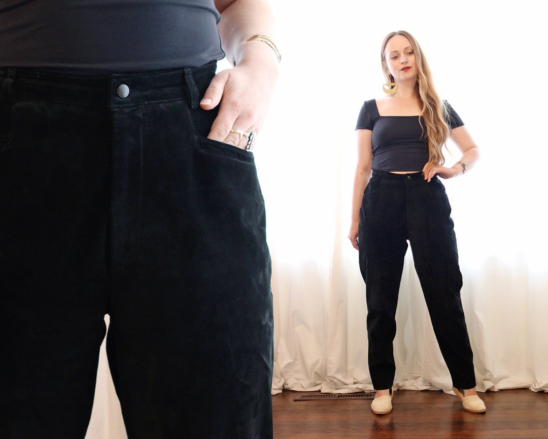 Vintage 1990s I. Magnin Black Suede Leather Tapered Skinny Pants High ...
