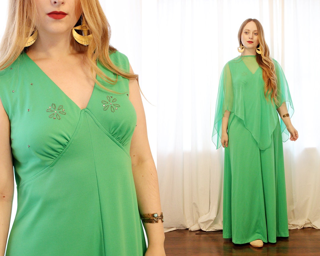 Vintage 1970s Mint Jade Green Sleeveless Rhinestone V Neck Polyester Maxi Party Prom Dress Sheer ...