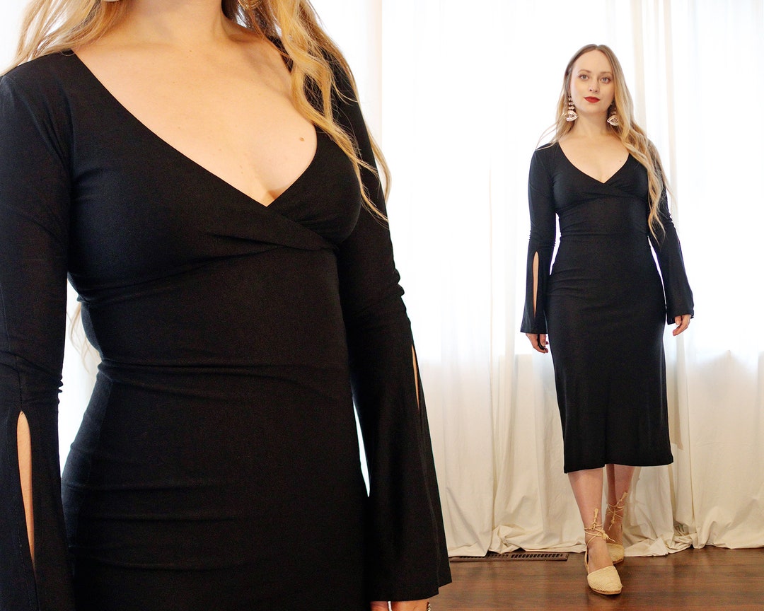 Vintage 1990s Y2K 2000s LBD Little Black Dress Deep V Wrap Neckline ...