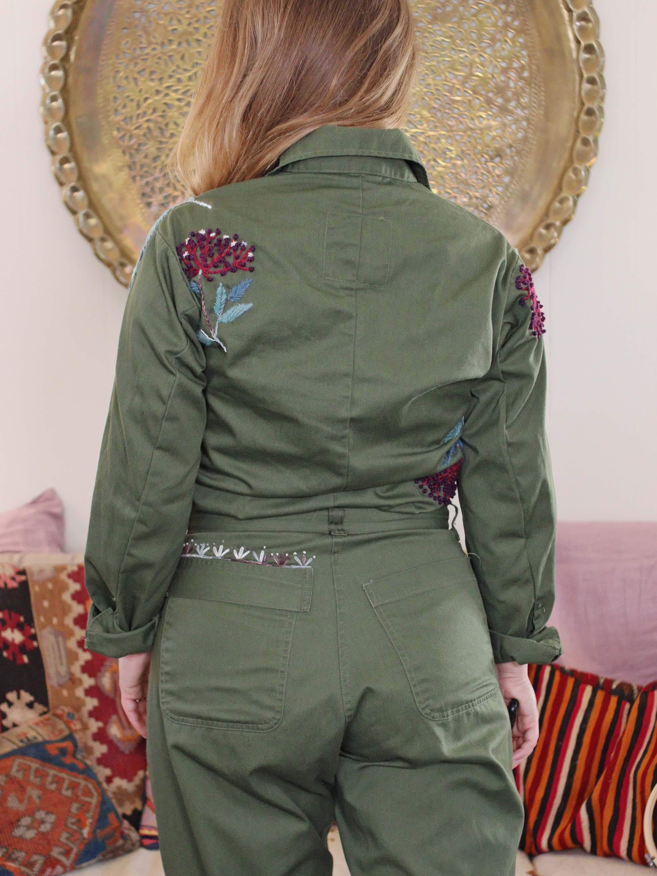 Hand Embroidered Vintage Olive Green Mechanics Coveralls Boilersuit ...