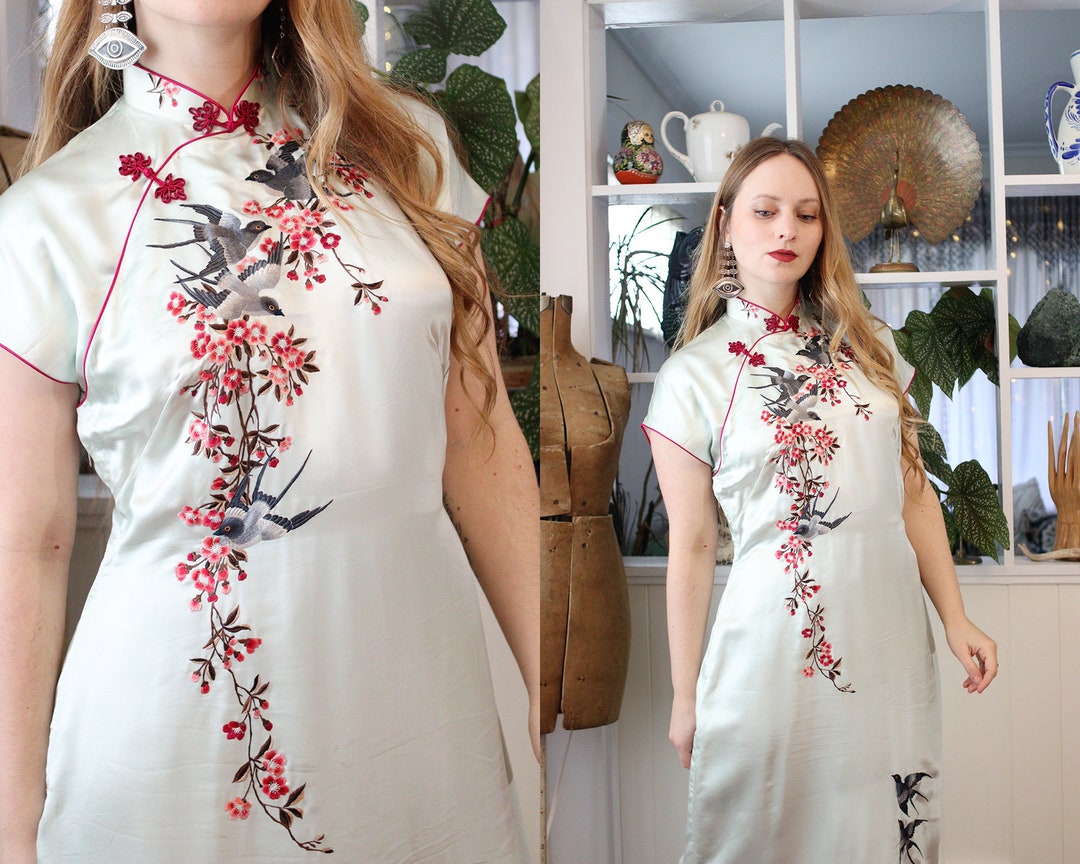 Vintage Chinese Tissue Thin Silk Hand Embroidered Cheongsam Sparrows ...