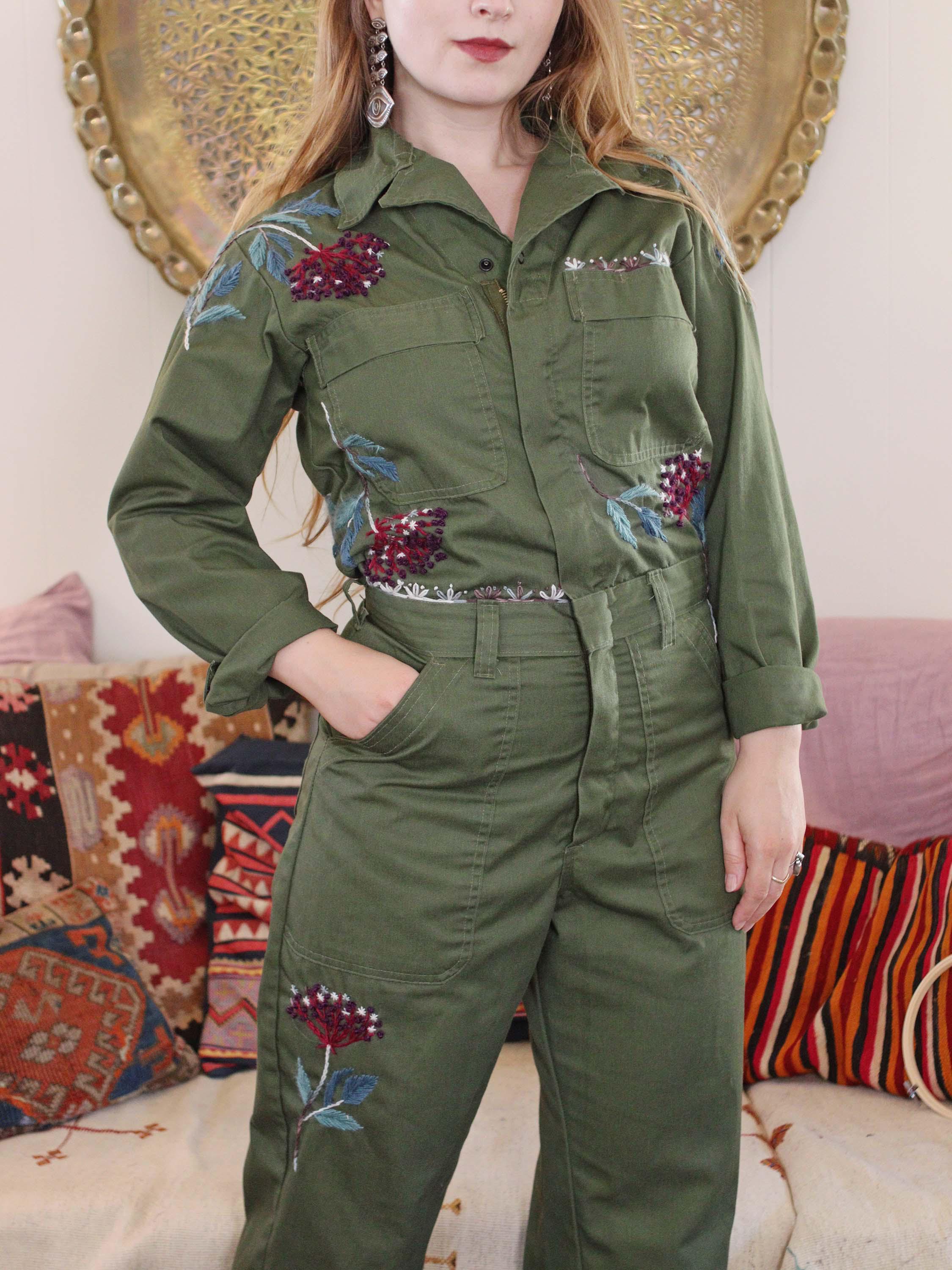 Hand Embroidered Vintage Olive Green Mechanics Coveralls Boilersuit ...