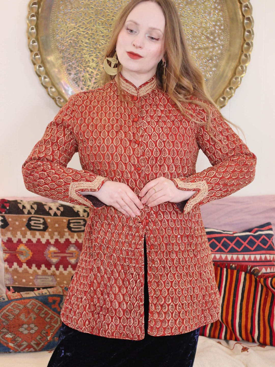 Vintage Anokhi Red Hand Block Printed Cotton Quilted Long Line Jacket ...
